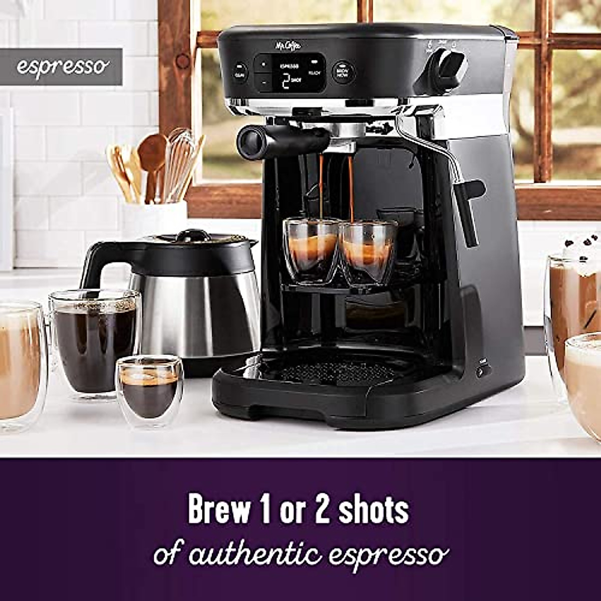 Mr. Coffee All-in-One Occasions Specialty Pods Coffee Maker, 10-Cup Thermal Carafe, and Espresso with Milk Frother and Storage Tray, Black