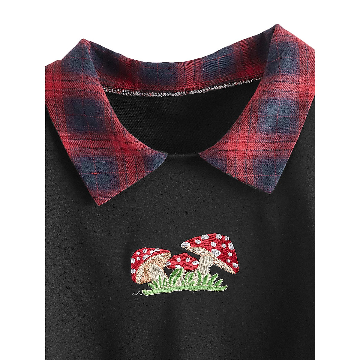 SweatyRocks Women's Casual Color Block Crop Tee Top Collar Long Sleeve Pullover Sweatshirt Tops Mushroom Black M