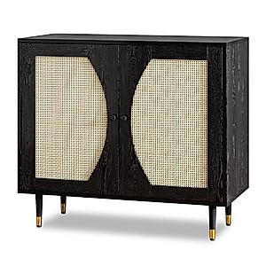 4 EVER WINNER Rattan Sideboard Cabinet with Handmade Natural Rattan Doors, Coffee Bar Storage Cabinet with 4 Solid Wood Table Legs, Bohemian Style Accent Cabinet Console Table for Hallway, Entryway