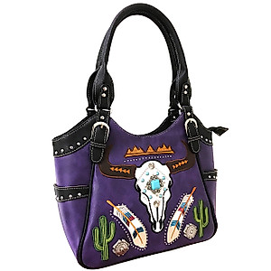 Zelris Longhorn Skull Embroidered Feather Cactus Design Conceal Carry Women Tote Purse Handbag (Purple)