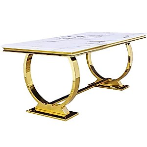 ACEDÉCOR Modern Dining Room Table with Gold Stainless Steel Metal U-Base in White Gold