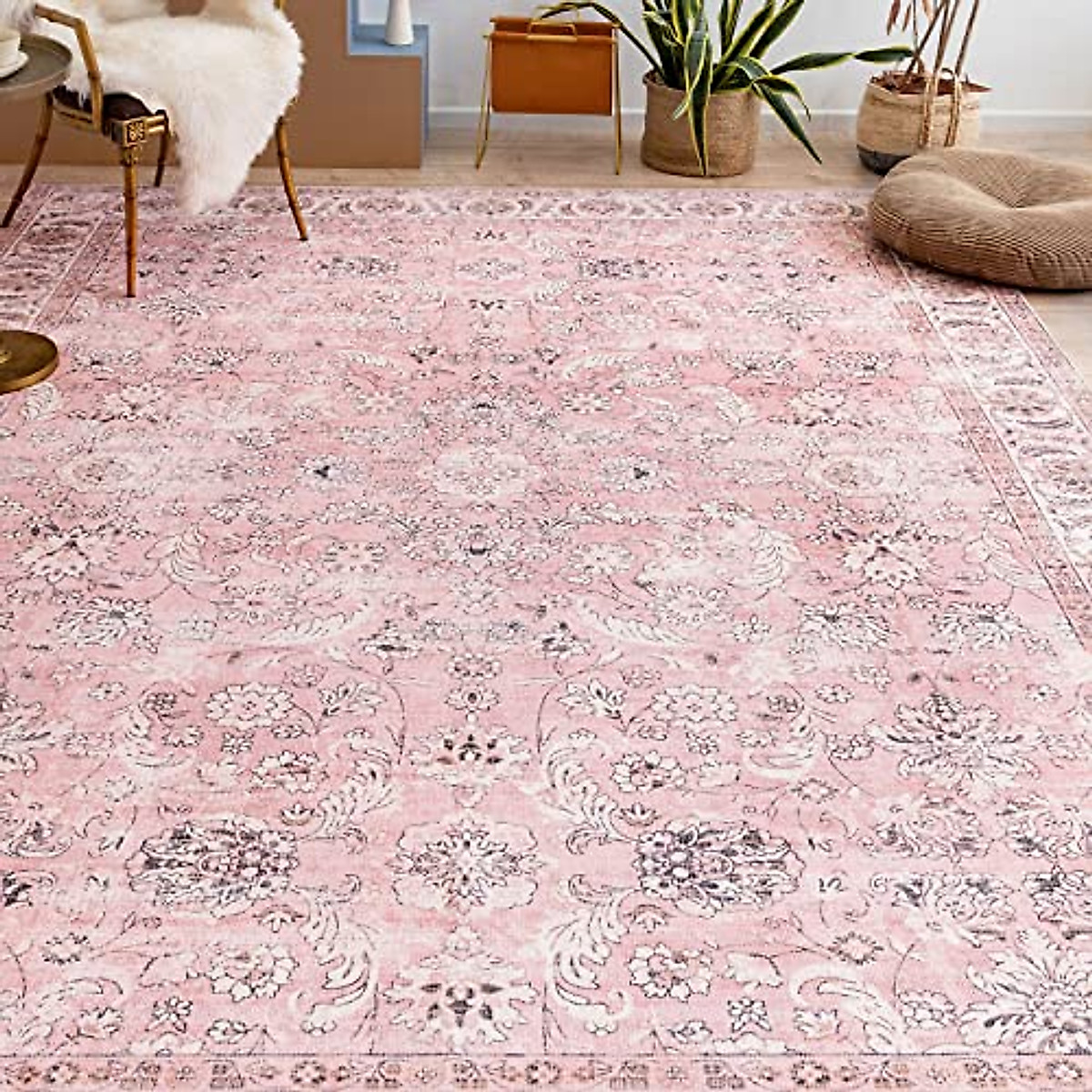 Fashriend Doria Machine Washable Area Rug 3'6''×5'6'' Non-Slip Foldable for Living Room Bedoom Kitchen Boho Bohemian Vintage Persian Pink