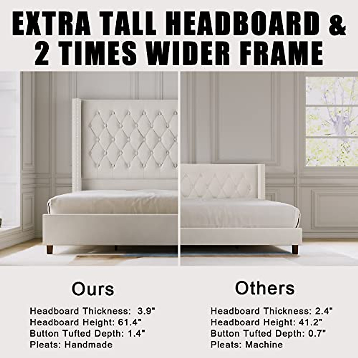 PaPaJet King Platform Bed Frame 61.4" Handmade Headboard Velvet Tall Upholstered Bed Deep Button Tufted/No Box Spring Required/Wood Slat Support/Easy Assembly/Cream