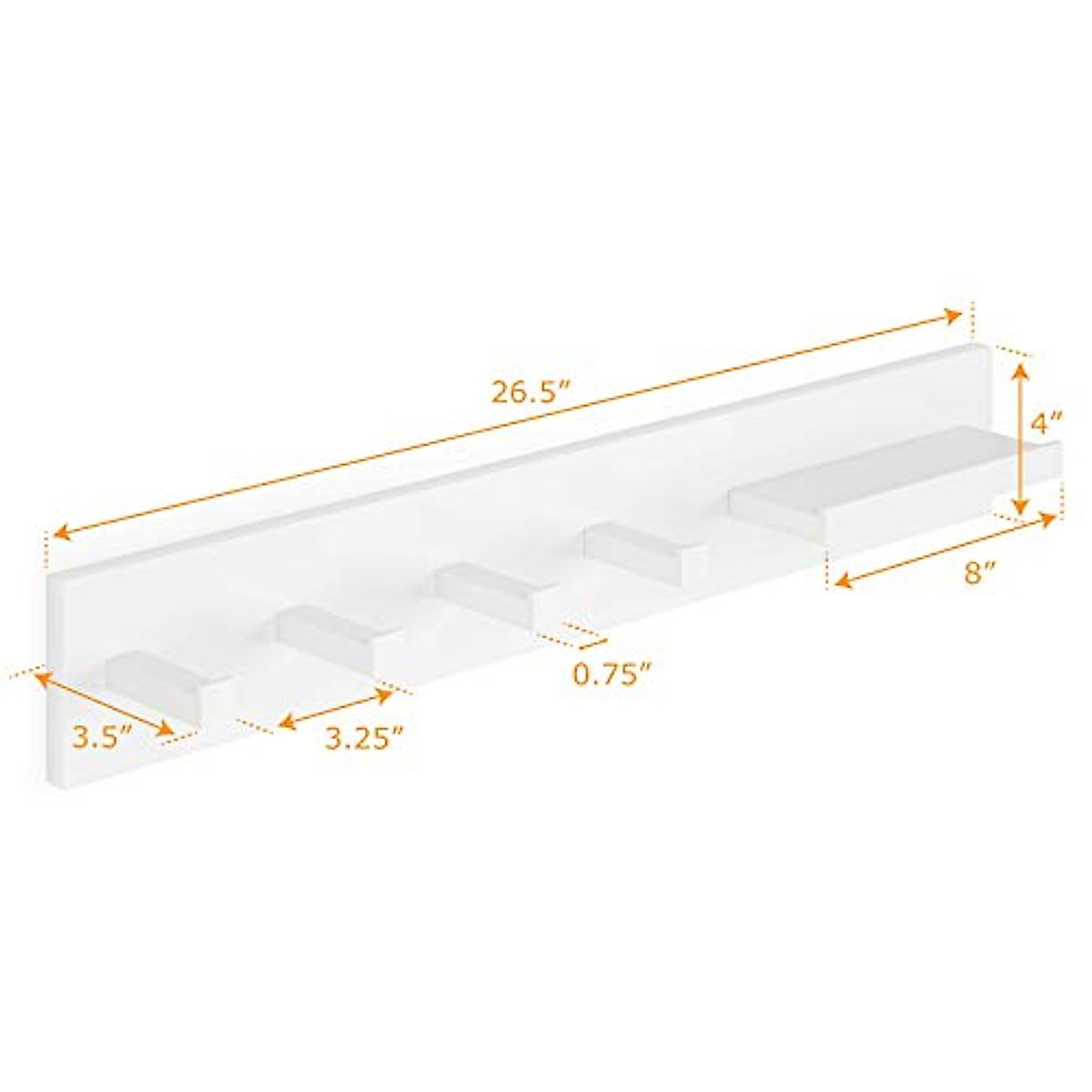 Ballucci 4-Peg Wood Wall Storage Floating Shelf and Coat Rack, Modern Hat Rack with 4 Hooks, Wall Organizer and Key Holder - White