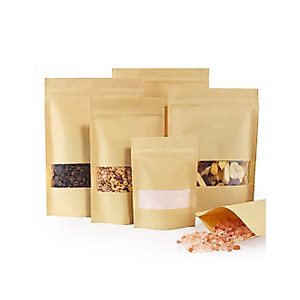 FireKylin 100 Pcs Kraft Paper Bags with Window, 3.5" x 5.5" Stand Up Pouches Bags, Zip Lock Food Storage Bags for Packaging Products, Reusable, Sealable