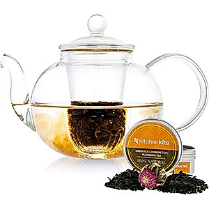 Kitchen Kite Clear Glass Teapot with Removable Glass Infuser and Lid - Glass Tea Kettle with Blooming, Loose Leaf Tea, Stovetop, Microwave & Dishwasher Safe, Tea Maker Gift Set (Holds 4-6 cups)