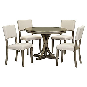 Goozio 5-Piece Retro Round Dining Table Set with Curved Trestle Style Legs and 4 Upholstered Chairs for Kitchen Room, Taupe