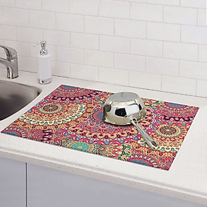 Dish Drying Mat for Kitchen Counter Boho Hippie Style Microfiber Absorbent Dish Draining Mats Reusable Washable Large 18"x24"