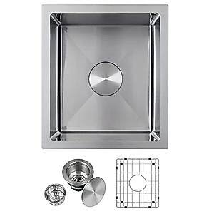 LQS Bar Sink, Bar Sink Undermount 15” x 17”, Stainless Steel Bar Sink, 16 Gauge Small RV Kitchen Sink, Outdoor Wet Bar Sink with Sink Grid and Sink Drain Strainer