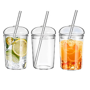 Hemoton 3pcs Drinking Glasses Tumbler with Straw and Lid, 15OZ Glass Cups Ice Coffee Cup Tumbler Cup Great for Smoothie Soda Boba Tea Cocktail, Christmas Gifts for Women Man