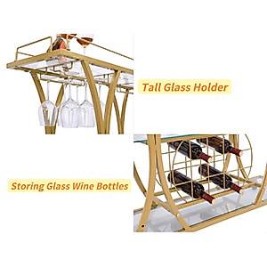 FABOMEI Gold Bar Carts with Glass Holders & Wine Rack,3 Tier Home Bar Serving Carts with Glass Shelves,Metal Rolling Bar Carts for The Home Kitchen, Party