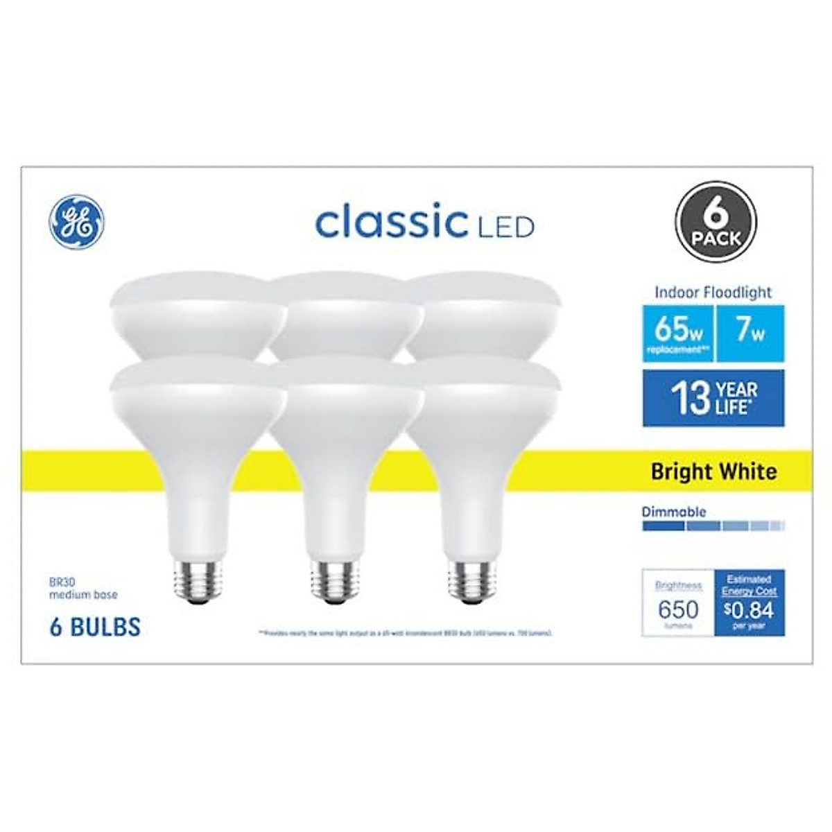 GE Classic 65 W Equivalent Dimmable Bright White Br30 LED Light Bulbs, 6 Pack