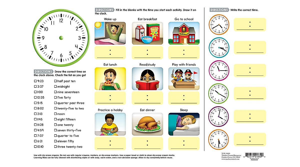 Time Learning Mat for Kids - Interactive Analog Clock Practice