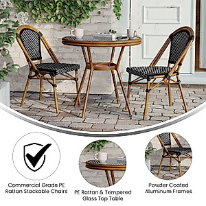 Flash Furniture Bordeaux Indoor/Outdoor Commercial Bistro Set - Tempered Glass Top Table - 2 Chairs - PE Rattan - NAT Bamboo Print Aluminum Frame - Black/White