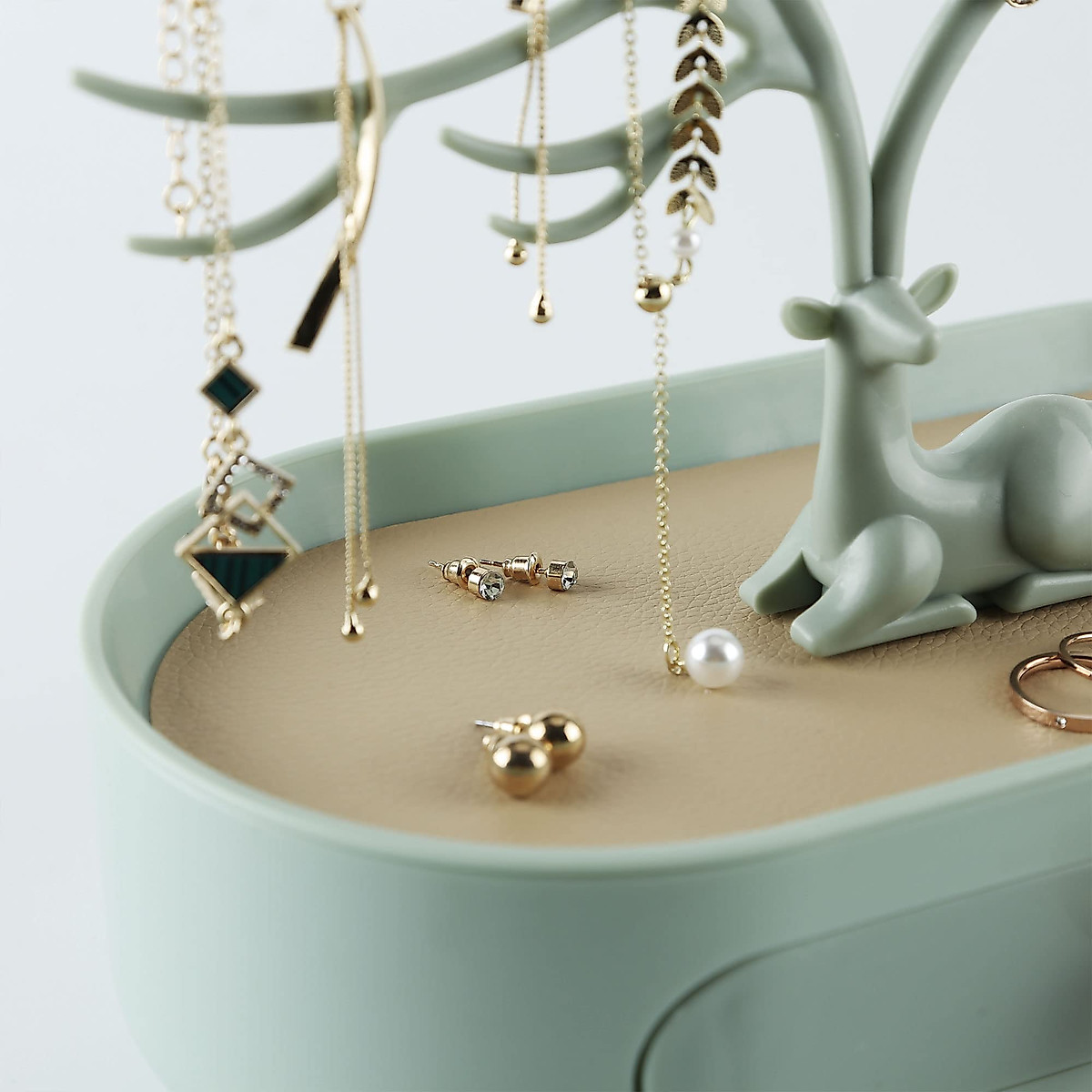 MORE&LESS Antlers Jewelry Display Stand with Aluminium alloy handle, Tree Tower Rack Hanging Organizer for Ring Earrings Necklace Bracelet, Deer Horn Tree Stand with Storage Drawer and Tray