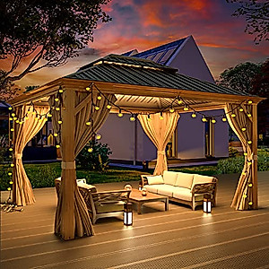 MELLCOM 10' x 12' Hardtop Gazebo, Wooden Finish Coated Aluminum Frame Gazebo with Galvanized Steel Double Roof, Brown Metal Gazebo with Curtains and Nettings for Patio, Lawn & Garden