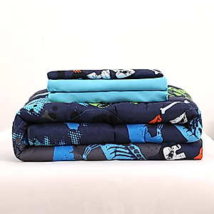 Wowelife Dinosaur Toddler Bedding Sets for Boys and Girls, Premium 4 Piece Dinosaur Skeleton Toddler Bed Set Blue, Super Soft and Comfortable for Toddler