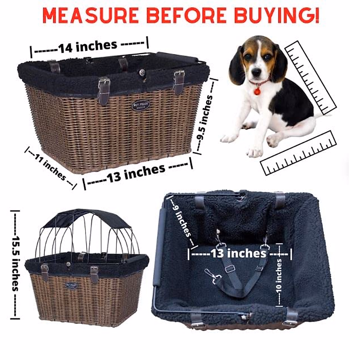 Travelin K9 Pet-Pilot MAX Wicker Bike Basket for Dogs/Cats - Includes Wire Cage Top w/Sun Shade + Plush Removable Padded Liner