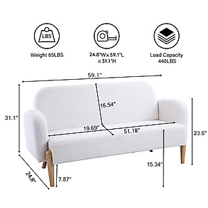 SumKea 59.1'' Teddy Loveseat Sofa, Futon Couch with Three Lumbar Pillows, Small Sofa Couch for Living Room, Apartment, Office, White