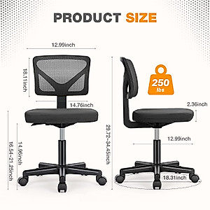 Armless Mesh Office Chair, Ergonomic Computer Desk Chair, No Armrest Small Mid Back Executive Task Chair with Lumbar Support and Swivel Rolling for Small Spaces, Black