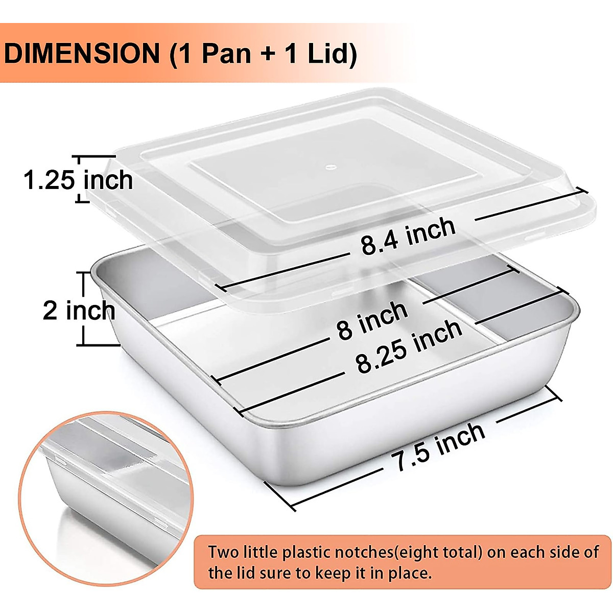 TeamFar Square Cake Pan with Lid (1 Pan & 1 Lid), 8 Inch Square Baking Pan Stainless Steel Cake Brownie Tin For Meal Prep Storage Transporting Food, Healthy & Sturdy, Dishwasher Safe