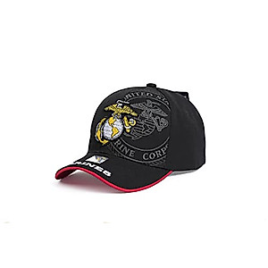 Ashen Fane U.S. Military Marine Corps Official Licensed Premium 6 Panel Adjustable Veteran Baseball Cap, Black with Yellow Emblem