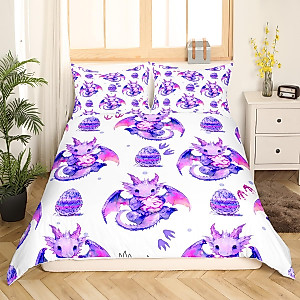Feelyou Cartoon Dragon Bedding Set Twin Size Kids Dragon Egg Print Comforter Cover Set for Boys Girls Wild Animal Duvet Cover 3D Dragon Purple Bedspread Cover Room Decor Quilt Cover