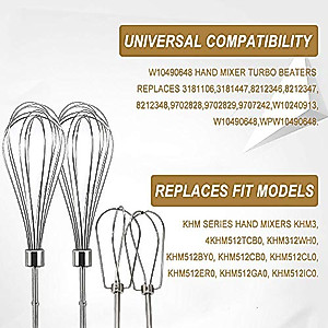 Cenipar W10490648&KHMPW- KHM2B W10490648 Hand Mixer Turbo Beaters(2 Pack) & KHMPW Stainless Steel Pro Whisk(2 Pack) Fit for KHM512BM KHMPW KHM2B