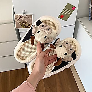 Cute Cow Slippers, Kawaii Fuzzy Milky Cow Slides, Winter Warm Milk Cow House Slippers, Indoor Cozy Cartoon Animal Slipper House Shoes for Women Men (Linen Cow ,9 Women/7.5 Men)
