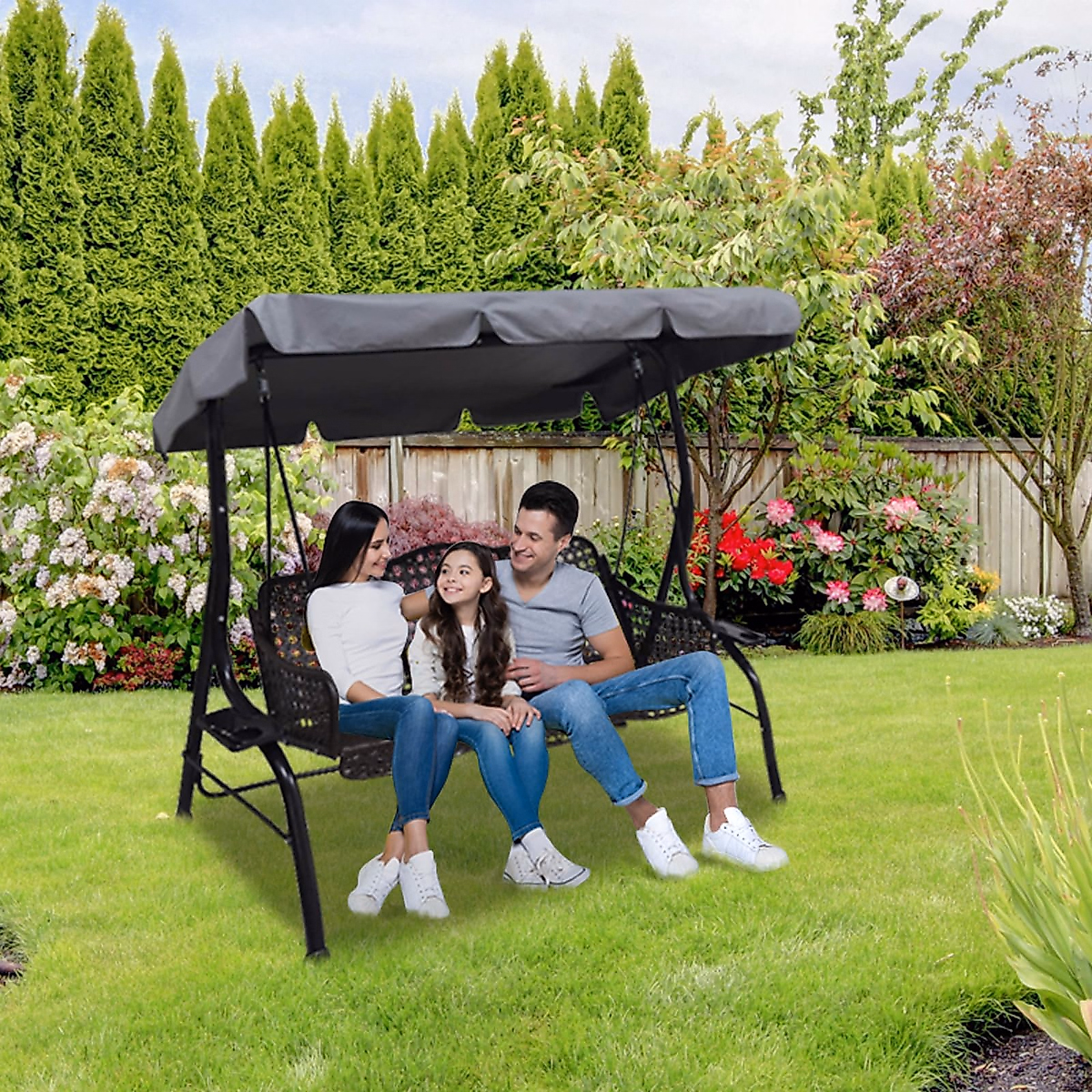 Outdoor Patio Swing Chair Canopy Replacement, 3 Seater Porch Swing Seat Canopy Cover, Waterproof Windproof Anti-UV Heavy Duty Rip Proof Garden Hammock Top Cover, Garden Furniture Covers (Grey, Large)