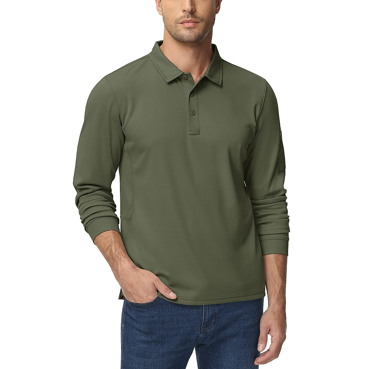 TACVASEN Long Sleeve Shirts for Men Tactical Performance Polo Shirts with Collar Quick Dry Fit Lightweight Work Shirts Workout Golf Army Green S