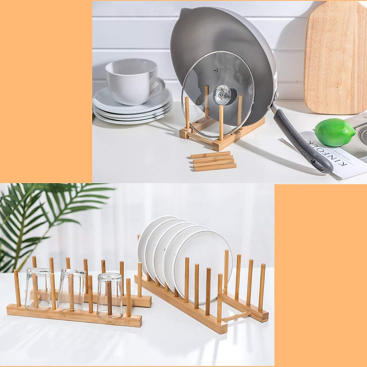 2PCS Bamboo Wooden Dish Rack, Plate Rack Stand Pot Lid Holder w/Holds 14 Plates, Kitchen Dish Plate Storage Cabinet Organizer Drainer w/ 7 Slots for Cup, Cutting Board, Bowl, Drying Rack and More
