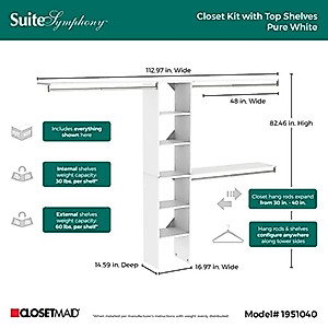 ClosetMaid SuiteSymphony Wood Closet Organizer Kit with Tower, 3 Hang Rods, Top Shelves, Adjustable, Fits Spaces 5 - 9 ft. Wide, Pure White