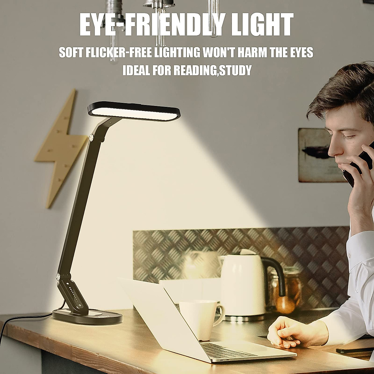 JKSWT LED Desk Lamp, Eye-Caring Table Lamps with 72 LED, 9 Brightness Levels, 5 Color Modes, USB Charging Port,Touch Control and Memory Function, 10W Reading Lamps for Home Office, Black