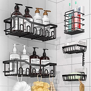 kitims Adhesive Shower Caddy, 5 Pack Shower Organizer Hanging with Large Capacity Stainless Steel Shower Organizers and Storage Rustproof Shower Shelf for Inside Shower, No Drilling, Black