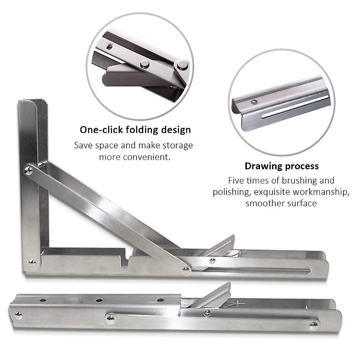 Folding Shelf Brackets - Heavy Duty Stainless Steel Collapsible Shelf Bracket for Bench Table, Space Saving DIY Bracket, Max Load: 550lb （Long :14” , 2 PCS）