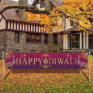 Large Happy Diwali Banner for Fence Indian Diwali Peacock Indian Deepavali Festival of Lights Party Decorations and Supplies for Home