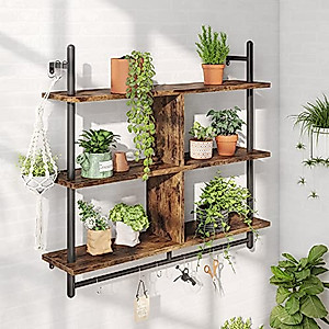 Bestier 41.5" Floating Pipe Shelving 3 Tier Industrial Wall-Mounted Ladder Shelf Hanging with Circular Tube, Wood Display Bookshelf Storage for Living Room Kitchen Balcony, Rustic Brown