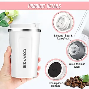 Sieral 4 Pieces 13 oz Insulated Coffee Travel Mug with Leakproof Lid Stainless Steel Coffee Cup Portable Tumbler Reusable Coffee Mugs for Coffee Milk Hot Cold Tea Beer (White)