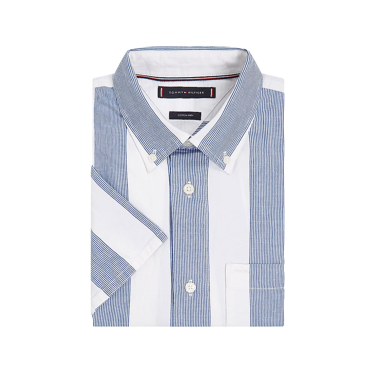 Tommy Hilfiger Men's Short Sleeve Linen Blend Shirt, Regular Fit, Ultra Blue/Optic White, Medium