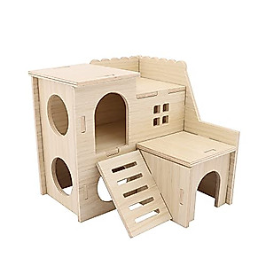 Tiny Hamster Maze Wood House Fun Slide House Double-Decker Hut for Dwarf Gerbil Mouse Mice Rat Small Animals(Only for Small Hamster)