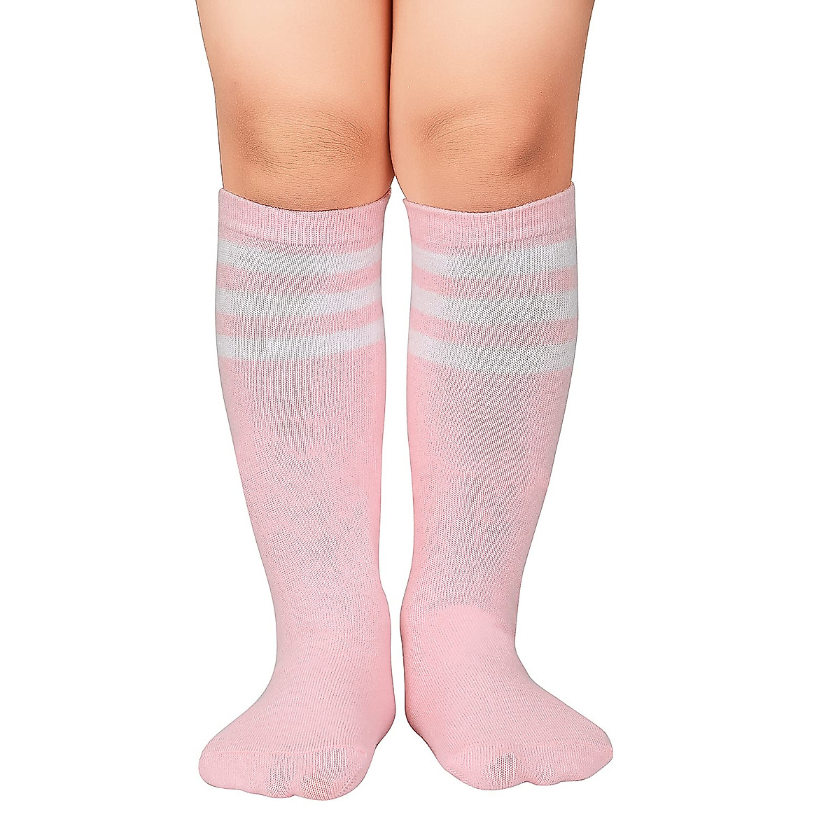 American Trends Kids Soccer Socks Toddler Knee High Tube Socks for Boys Girls School Uniform Striped Long Sports Athletic Socks 2 Pack Pink Black White 3-6 Years