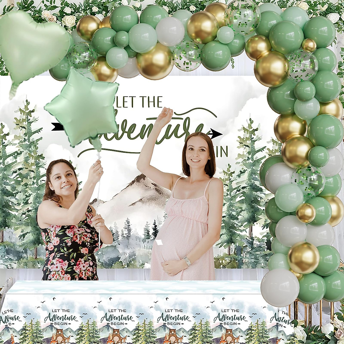 Adventure Awaits Baby Shower Decorations Let The Adventure Begin Backdrop Banner,Tablecloth,Sage Green Balloon Garland for Travel Themed Forest Mountains Woodland Animals Birthday Party Supplies Decor