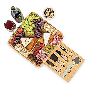 Noble Nest Bamboo Cheese Board and Knife Set with Drawer, Slate Labels, Marker & Travel Bag - Charcuterie Board Cheese Platter Great Gifts for Wine Lovers, Bridal Shower, Wedding