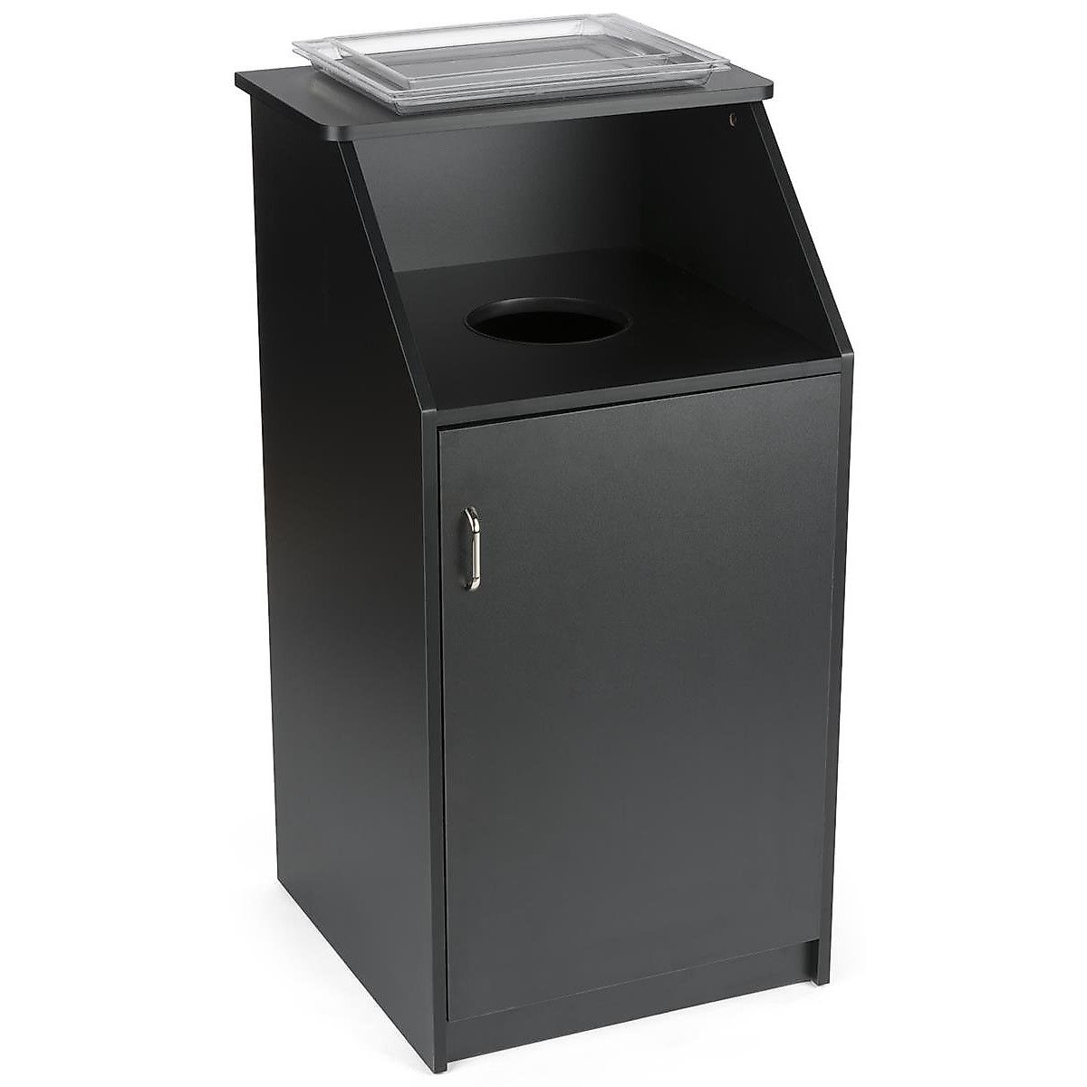 Displays2go Commercial Trash Bin with Black Finish, MDF Construction, Melamine Finish, Circular Cutout - Hinged Door (LCKDTLCSBK)