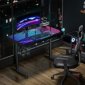 EUREKA ERGONOMIC RGB LED Gaming Desk, Music Sync Lights Up Tempered Glass Desktop, 43" GTG I43 Home Office Computer Table W Controller Rack 4 USB Charging Ports, APP Control