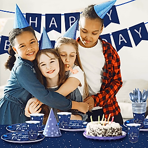 Navy Blue Birthday Party Decorations with Silver Stamped Tableware Set includes; Starry Theme Tablecloth, 9" and 7" Plates, Cups, Napkins, Utensils and Happy Birthday Banner -24 Guest