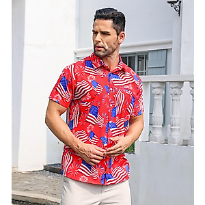 Fanient Button Down Shirt for Mens USA Flag Hawaiian Shirt Summer Beach Aloha Shirts Casual Novelty Slim Fit Patriotic Button Up Shirt M