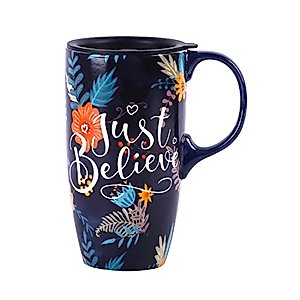 DUSVALLY Ceramic Travel Mug with Handle, Splash-Resistant Slider Lid, Ceramic Coffee Mug for Office and Home, Microwave & Dishwasher Safe, Just Believe Flower