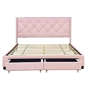 Upholstered Queen Size Platform Bed with 2 Drawer,Linen Fabric Solid Wood Bed Frame with Tufted Nail Head Board. Suitable for Children and Teenagers (Pink#1^)